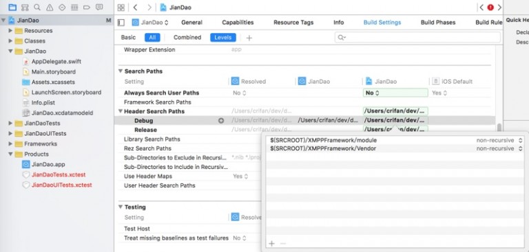 已解决 Xcode项目中如何添加系统的编译配置：header Search Paths和library Search Paths 在路上