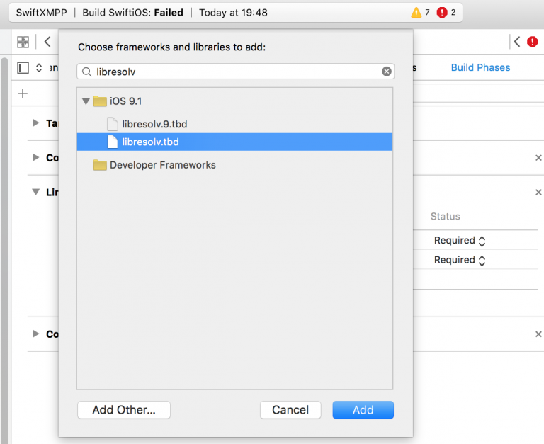 [已解决]swift编译SwiftXMPP出错：找不到库libresolv.dylib – 在路上
